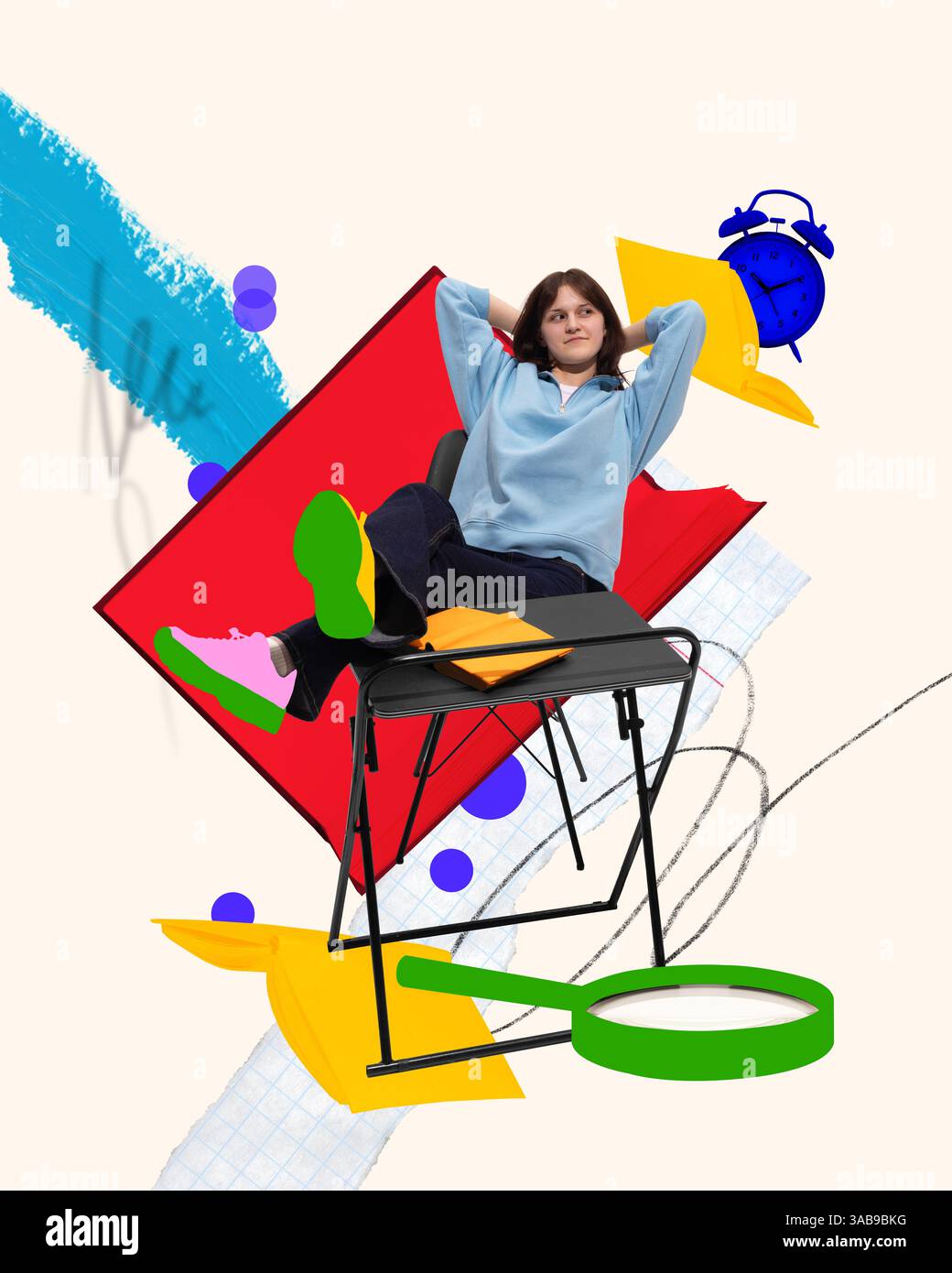 Relaxed student reclining on school chair, surrounded by papers ...