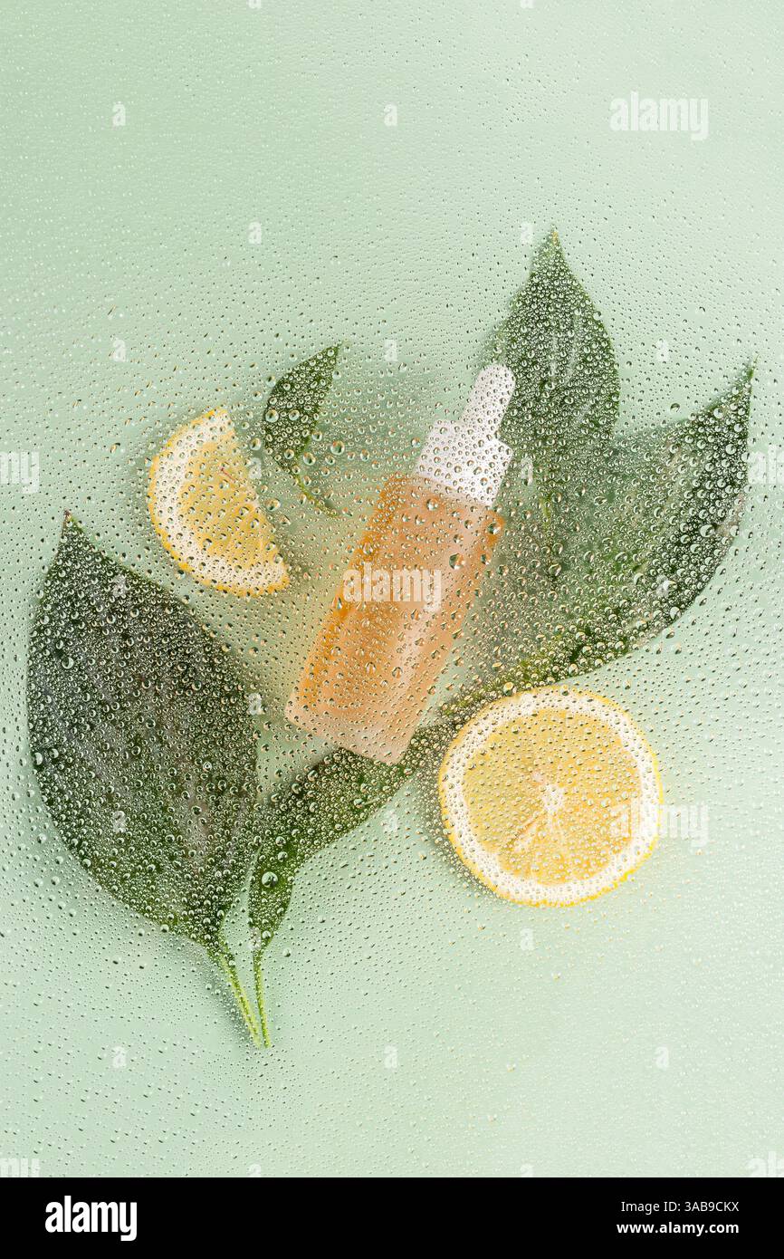 An eye catching display of a skincare cosmetic surrounded by fresh ...