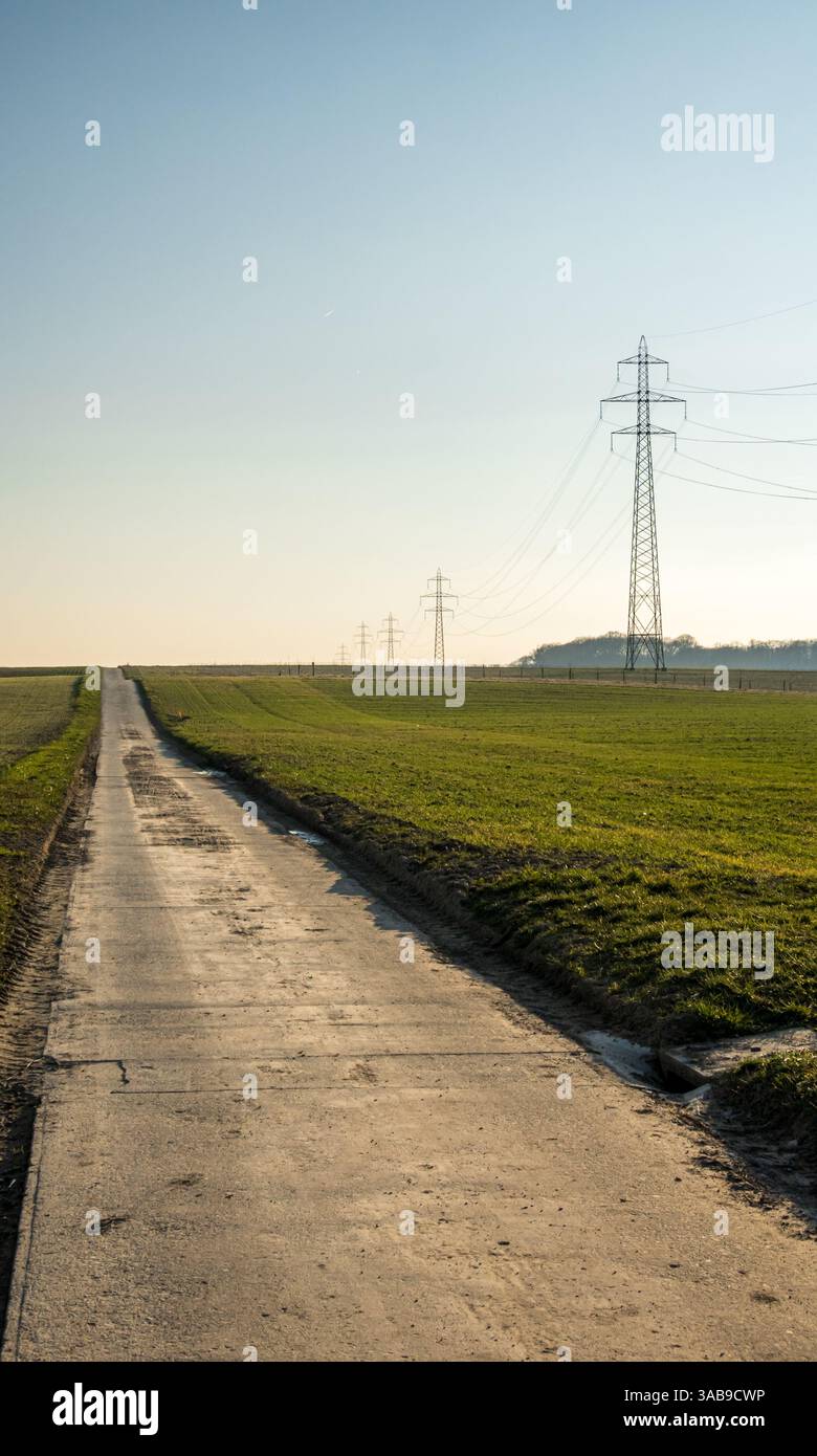 A long rural road stretches into the distance, bordered by green fields ...