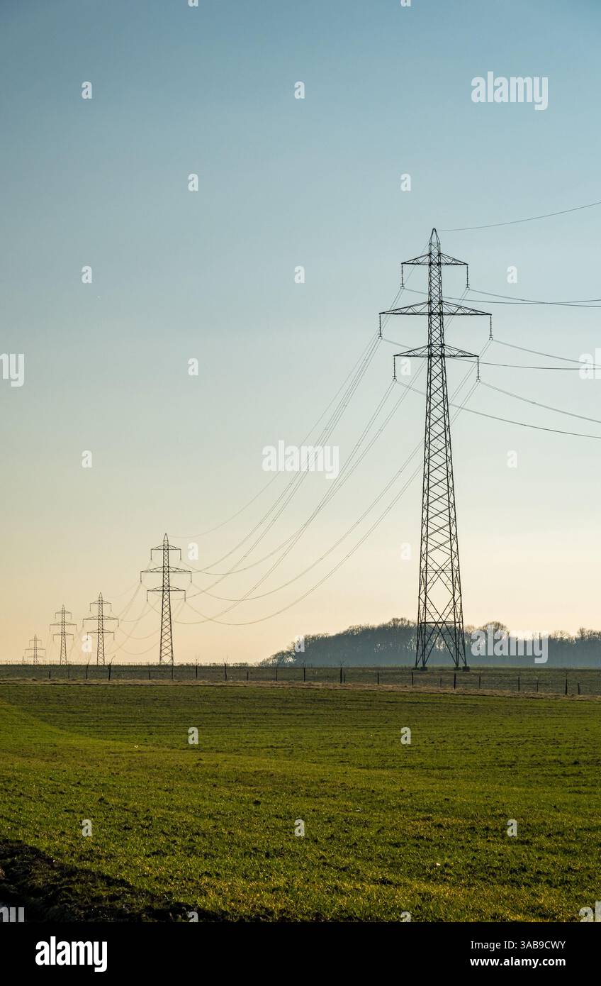 A series of transmission towers stretch across a vast rural field ...