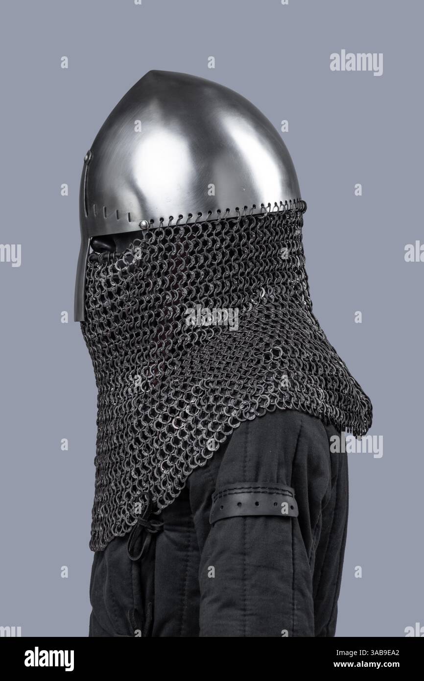 Simple Norman Helmet with Nasal Bar and Chainmail. Classic medieval head protection featuring a ...