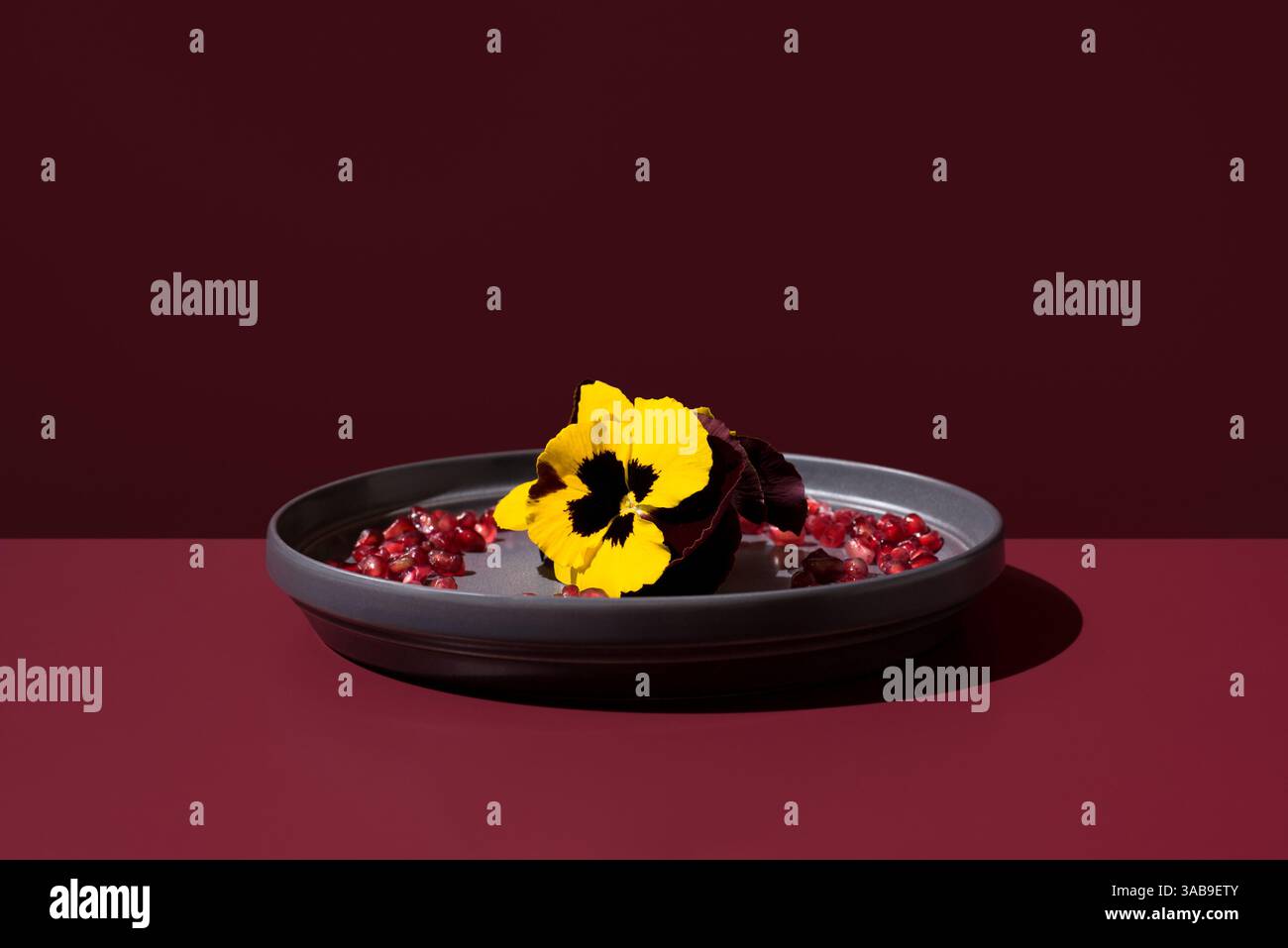 A plate featuring bright edible pansy flowers and vibrant pomegranate ...