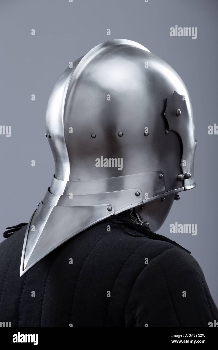 Medieval sallet helmet with visor and bevor. A shiny silver medieval ...