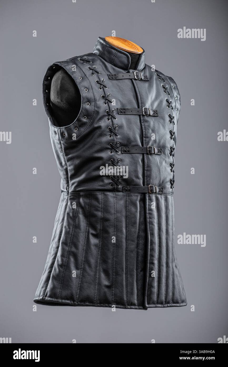 Black Leather Sleeveless Jacket with Lacing and Buckles. This image ...