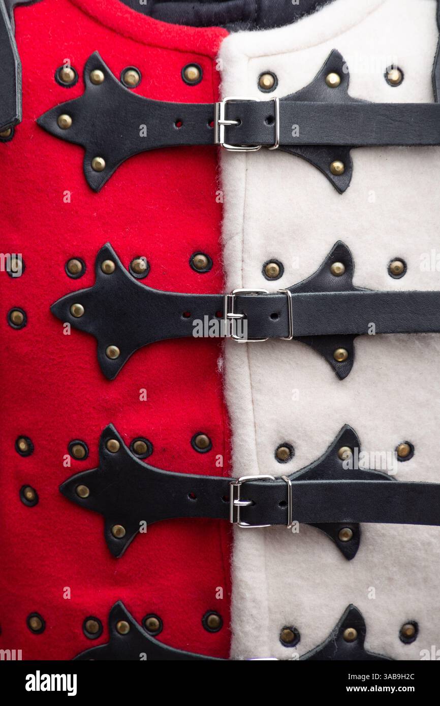 Close-Up of Red and White Brigandine Armor Details. This image provides ...
