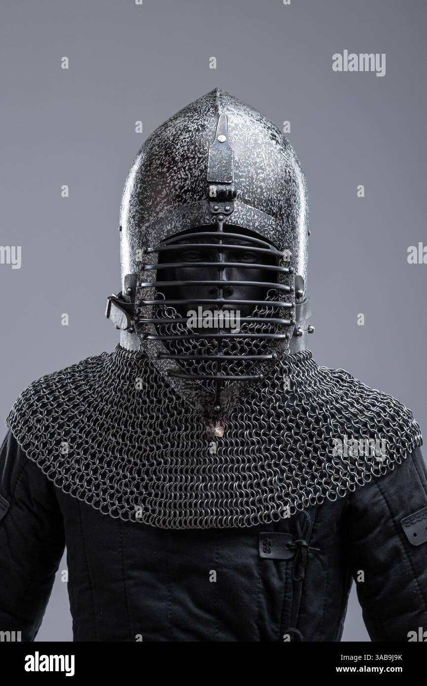 Dark Helmet with Ribbed Faceplate and Chainmail. This image shows a ...