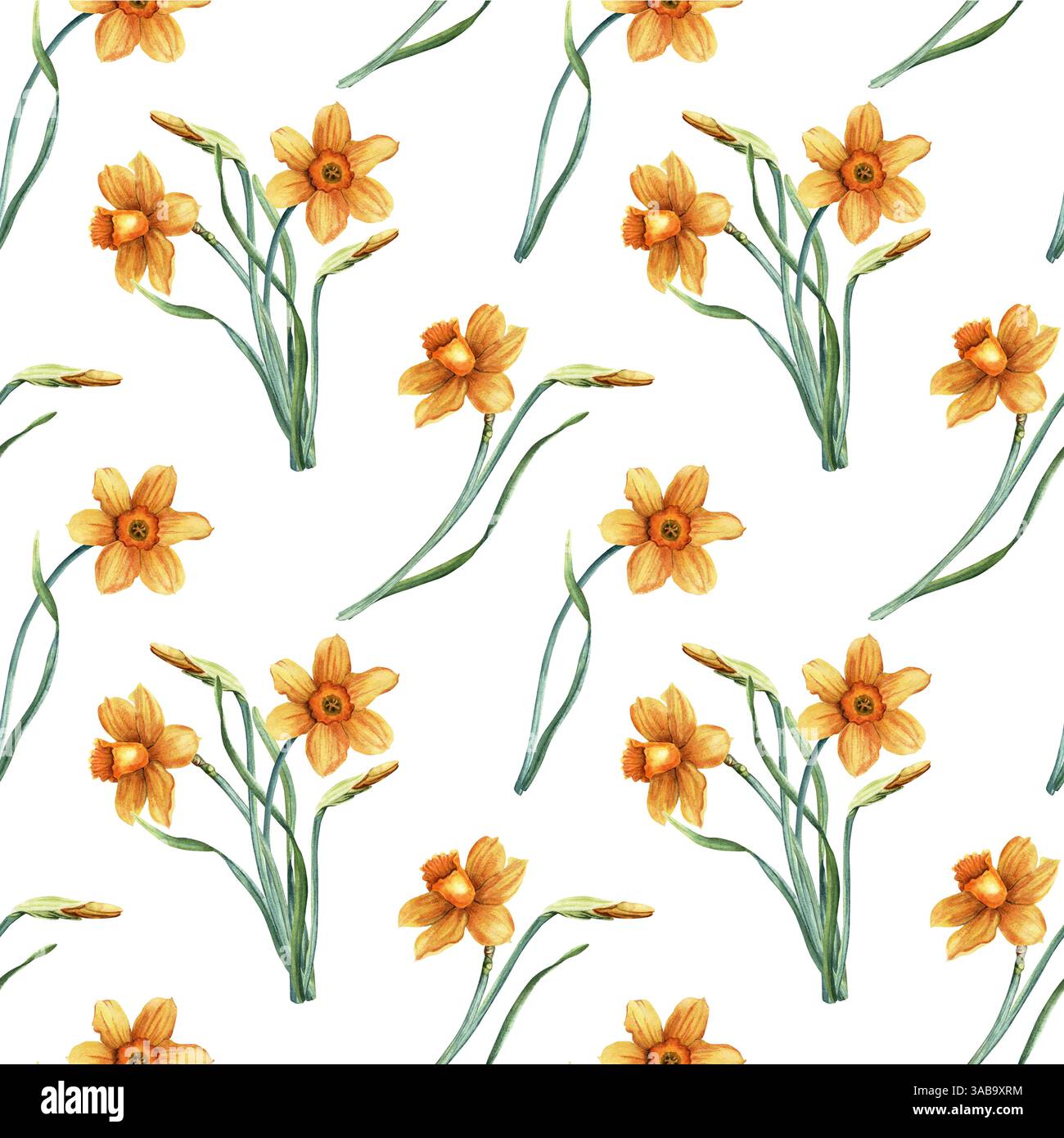Seamless, repeat pattern with yellow daffodils, narcissi flowers. Hand drawn watercolor ...