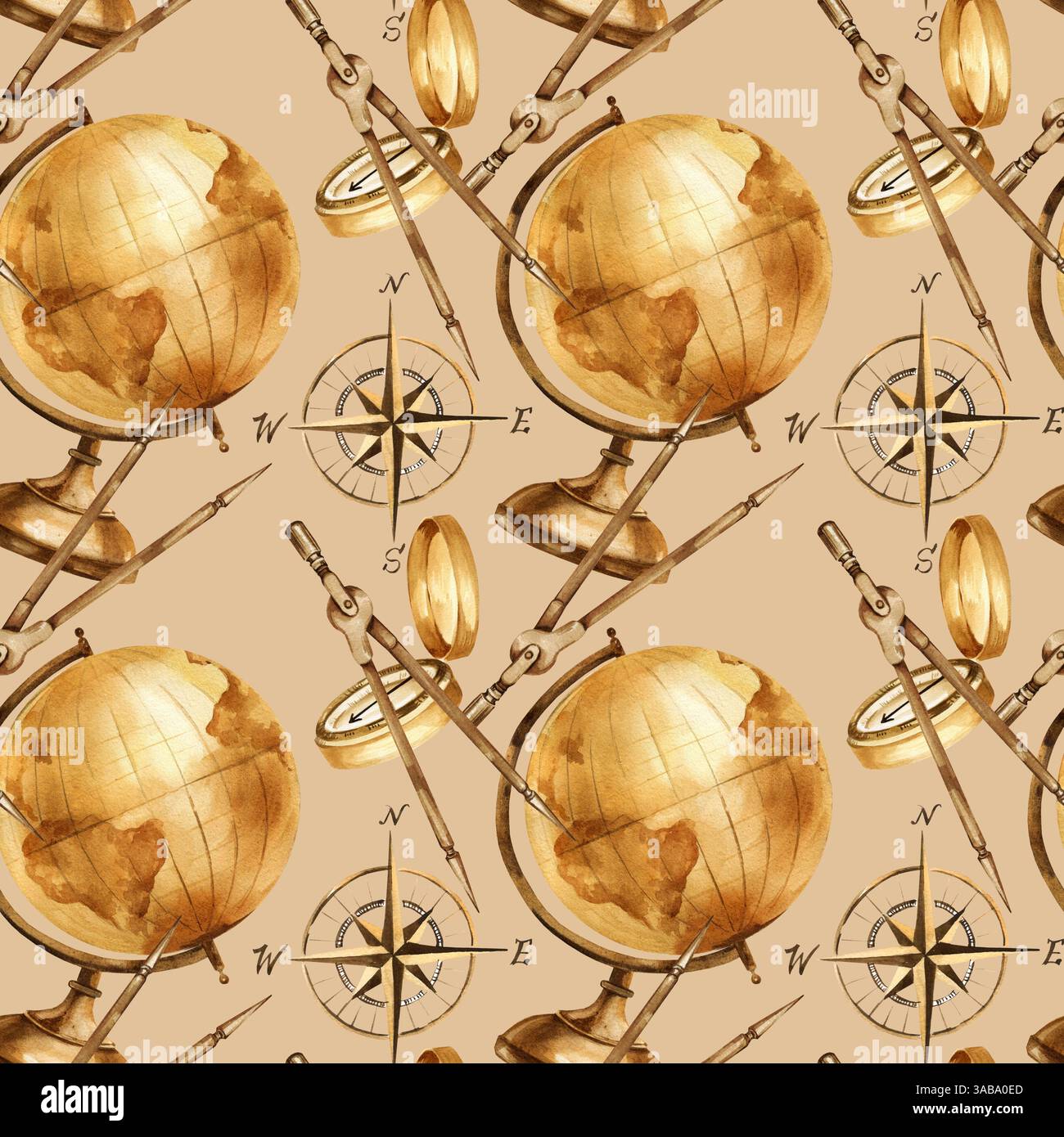 watercolor seamless pattern of vintage nautical equipment, old brown ...