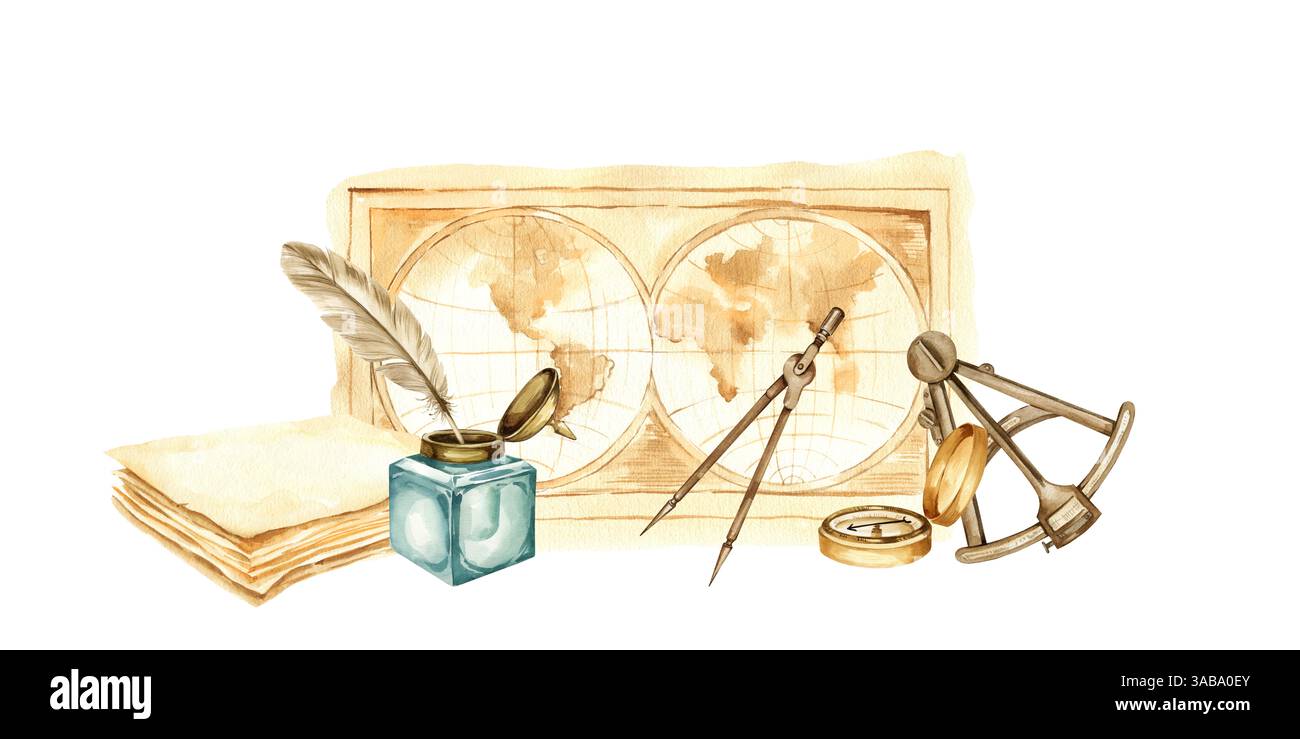 watercolor textured vintage card of earth, stack of aged paper, feather ...