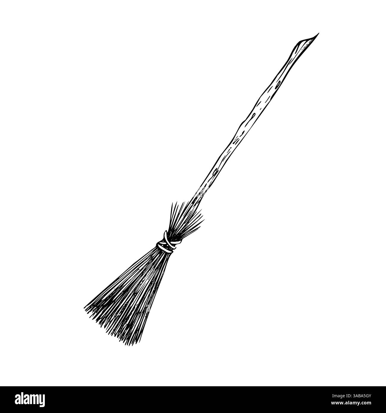 Vector flying witch's broom. Hand painted linear wizard halloween ...