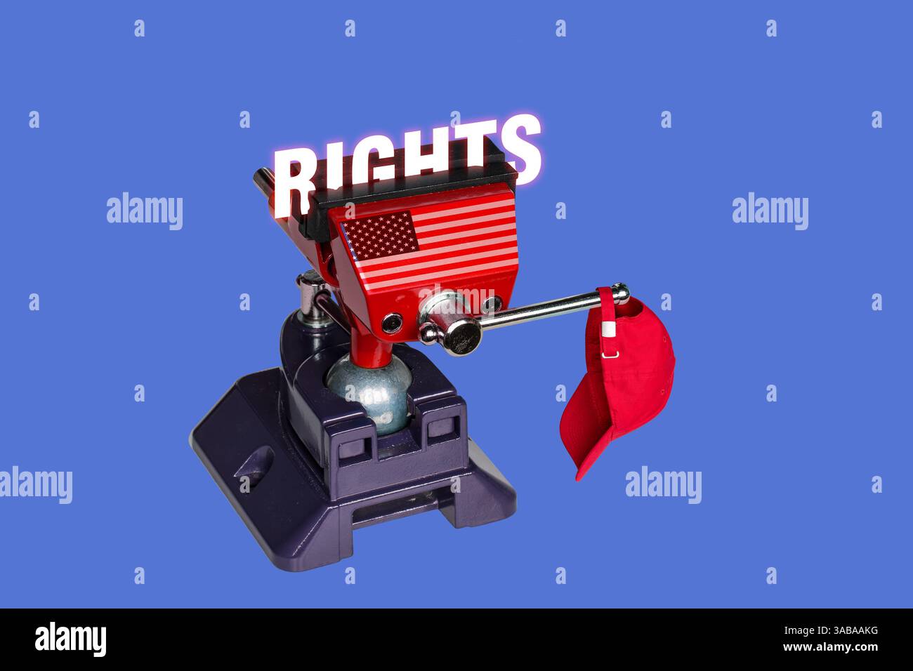 Political illustration: the word "RIGHTS" clamped in a carpenter’s vice ...