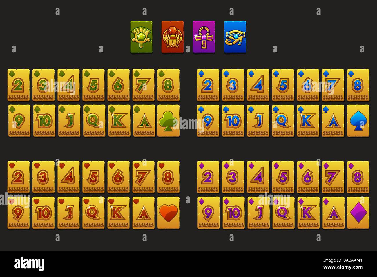 Egyptian Full deck of playing cards. Set with isolated golden cards for ...