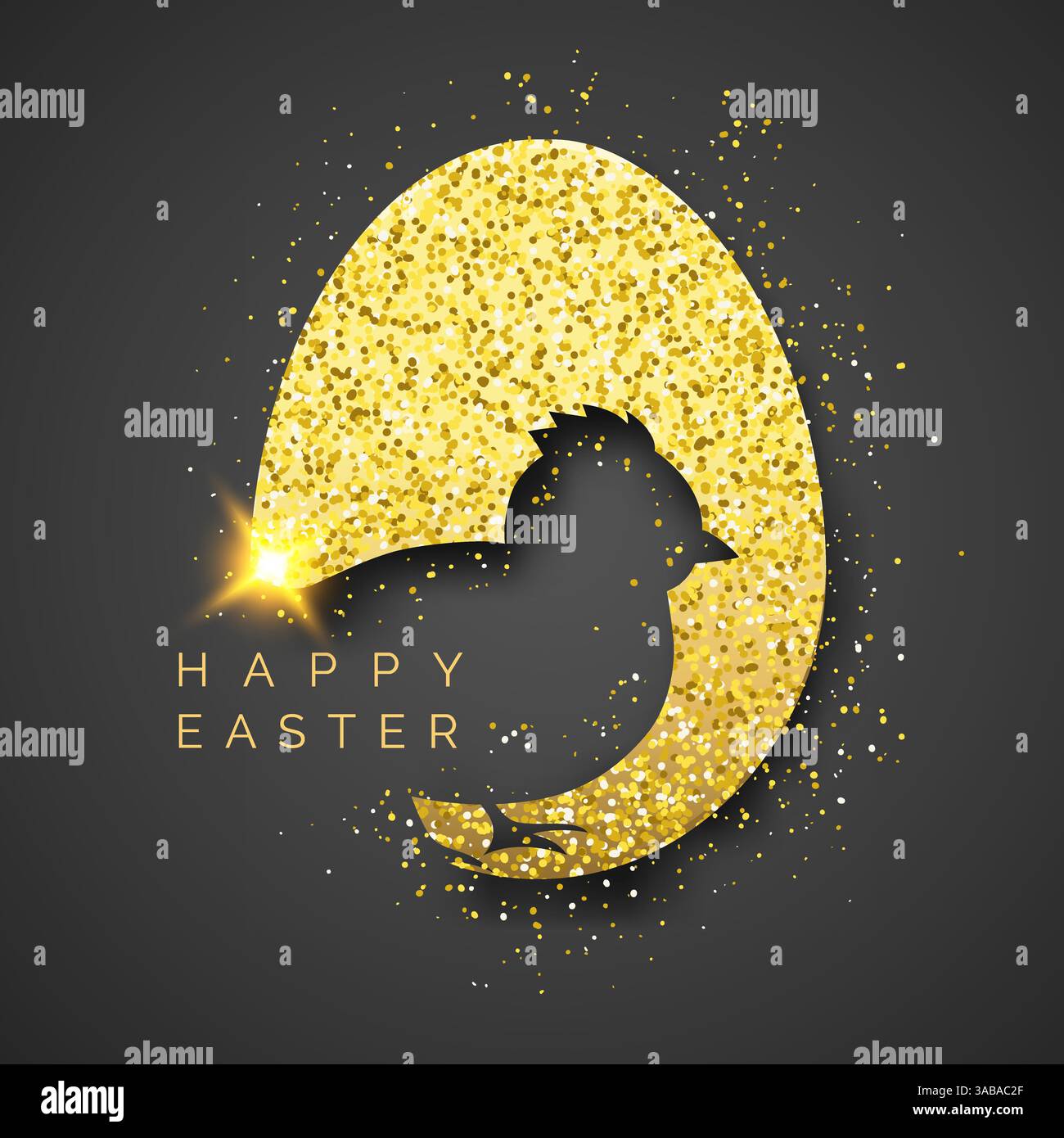 Easter black background with realistic golden egg, confetti, chick ...
