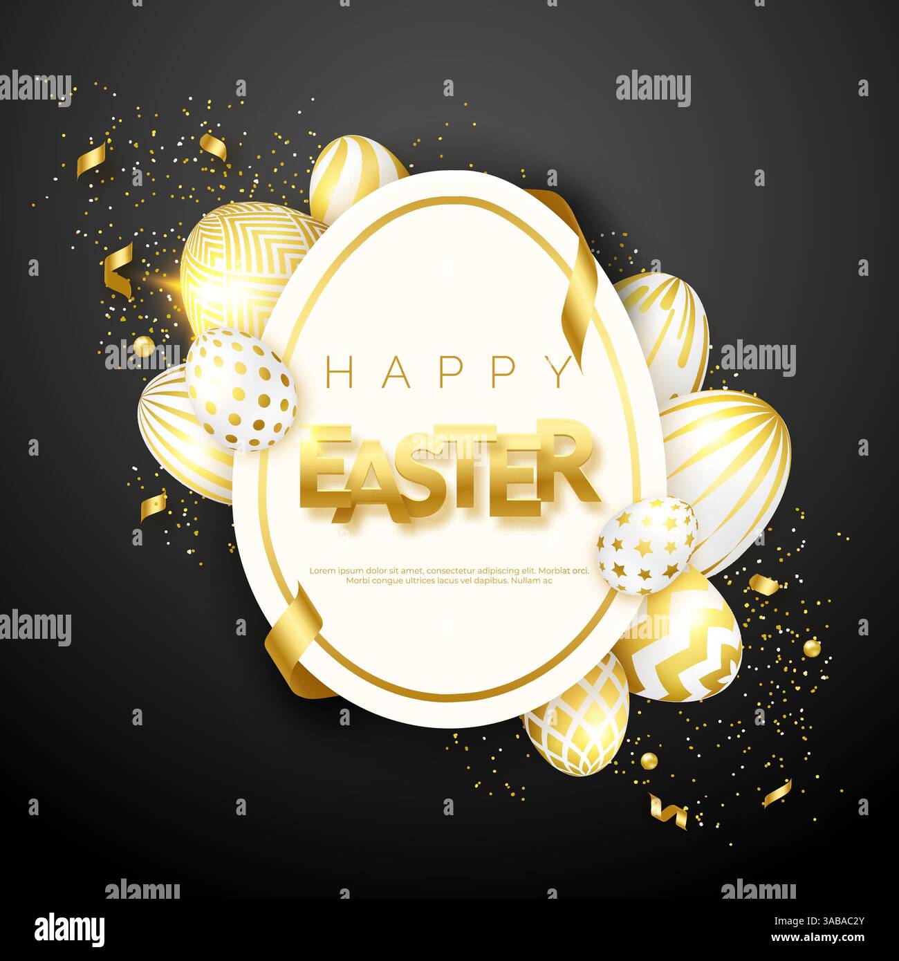 Easter black background with realistic golden decorated eggs, egg frame, confetti, text and ...