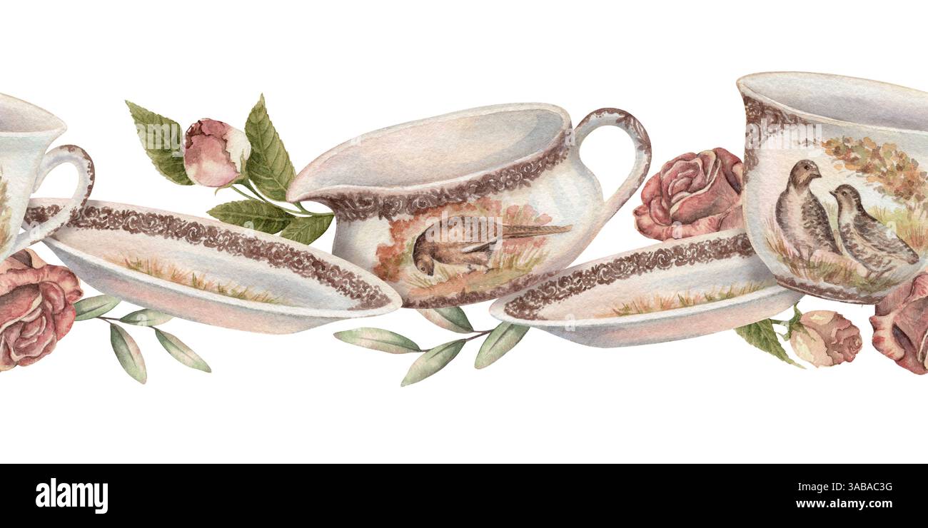 Seamless border with white white and brown vintage dishwear with rose ...