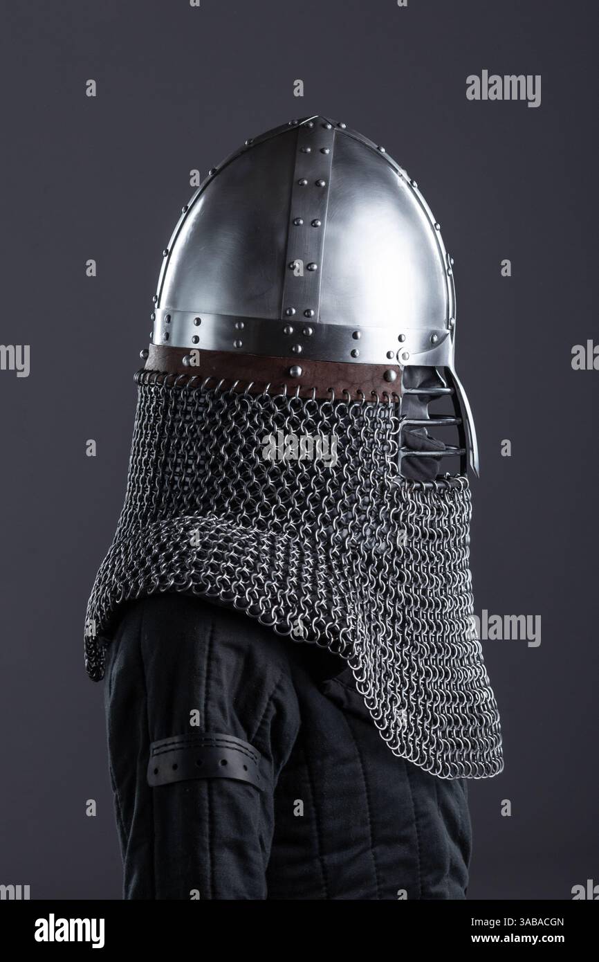 Simple Medieval Knight's Nasal Helmet with Chainmail. Classic head protection featuring a ...