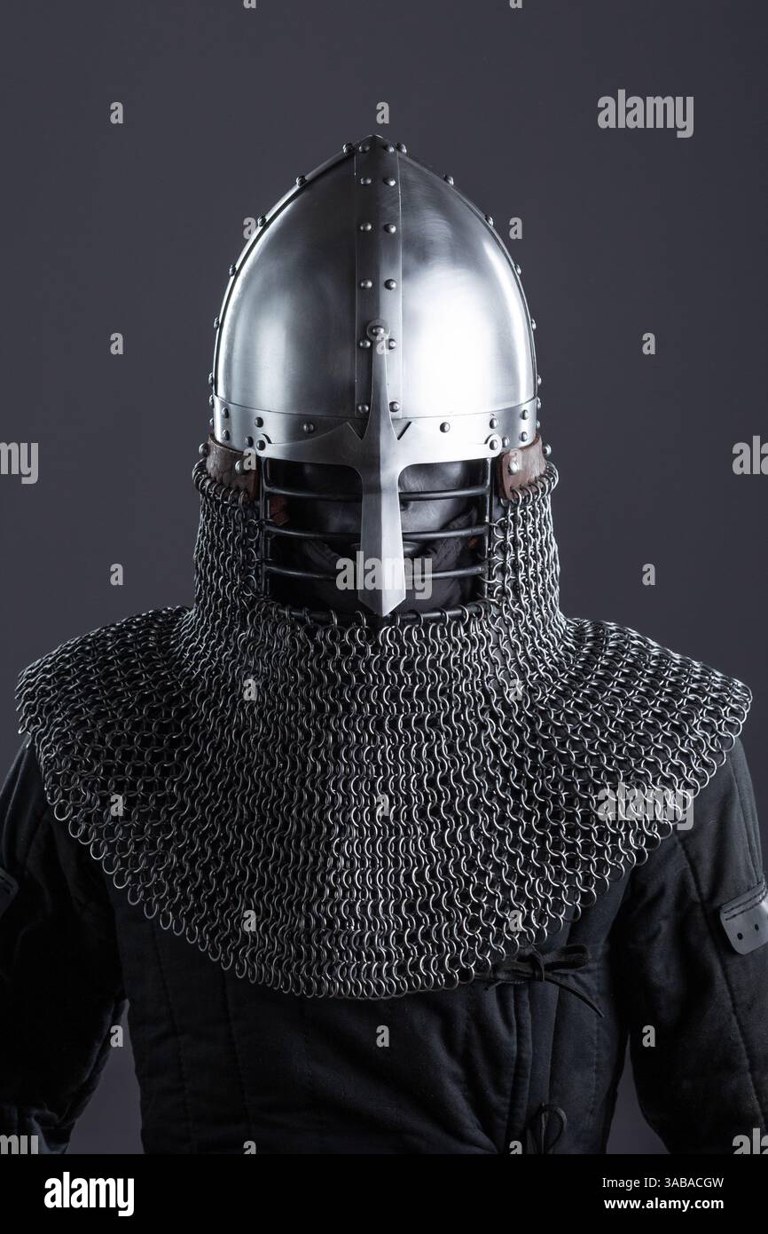 Simple Medieval Knight's Nasal Helmet with Chainmail. Classic head protection featuring a ...