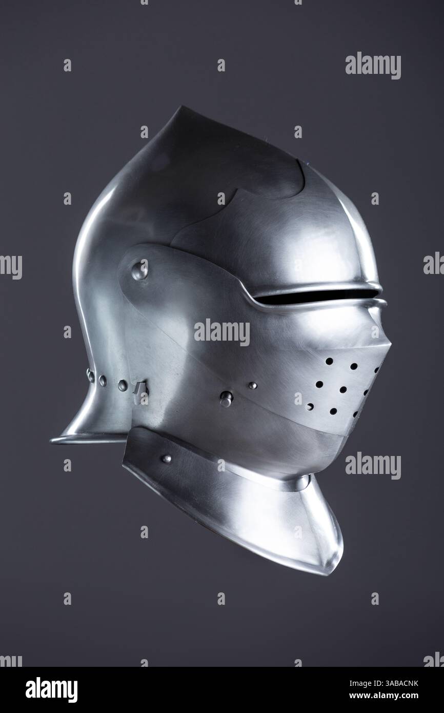 Polished Silver Medieval Armet Helmet with Perforated Visor. This shiny ...
