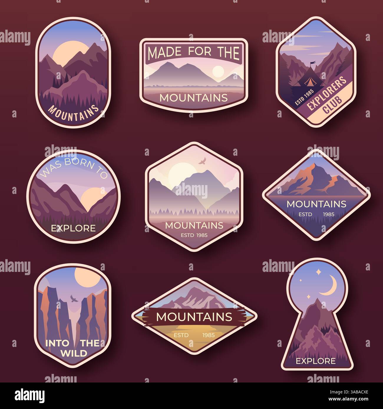 Set of nine mountain travel emblems. Camping outdoor adventure emblems ...