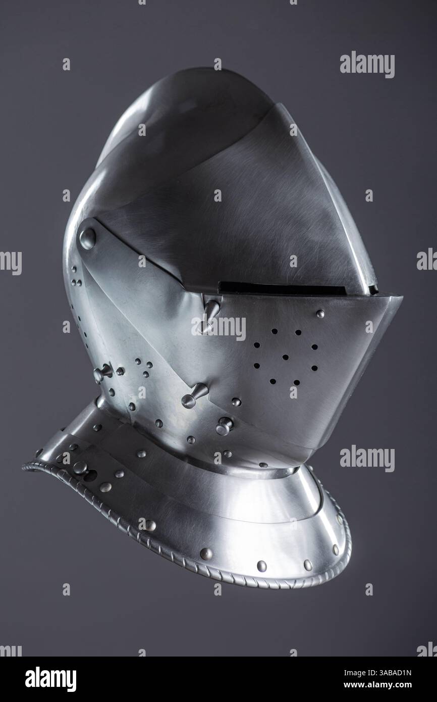 Shiny Silver Medieval Armet Helmet with Visor. This polished silver ...