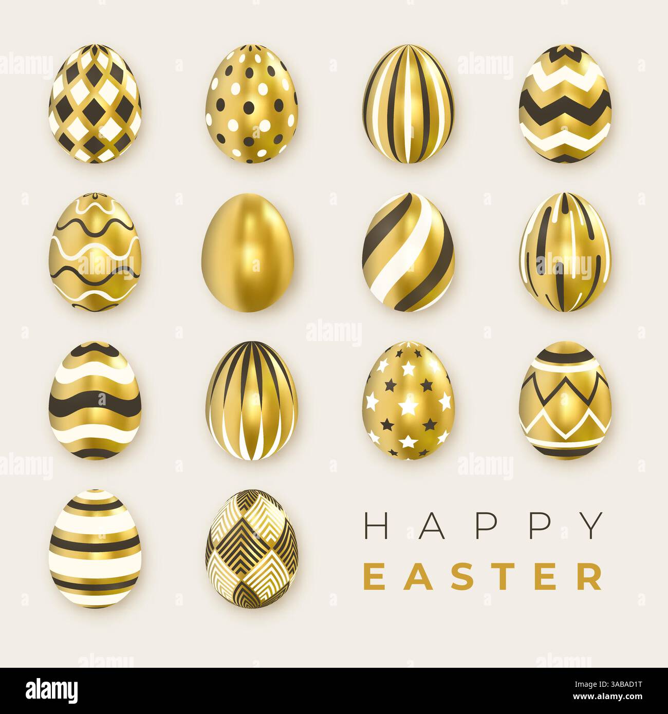 Set of ornate golden realistic black and white eggs on light background ...