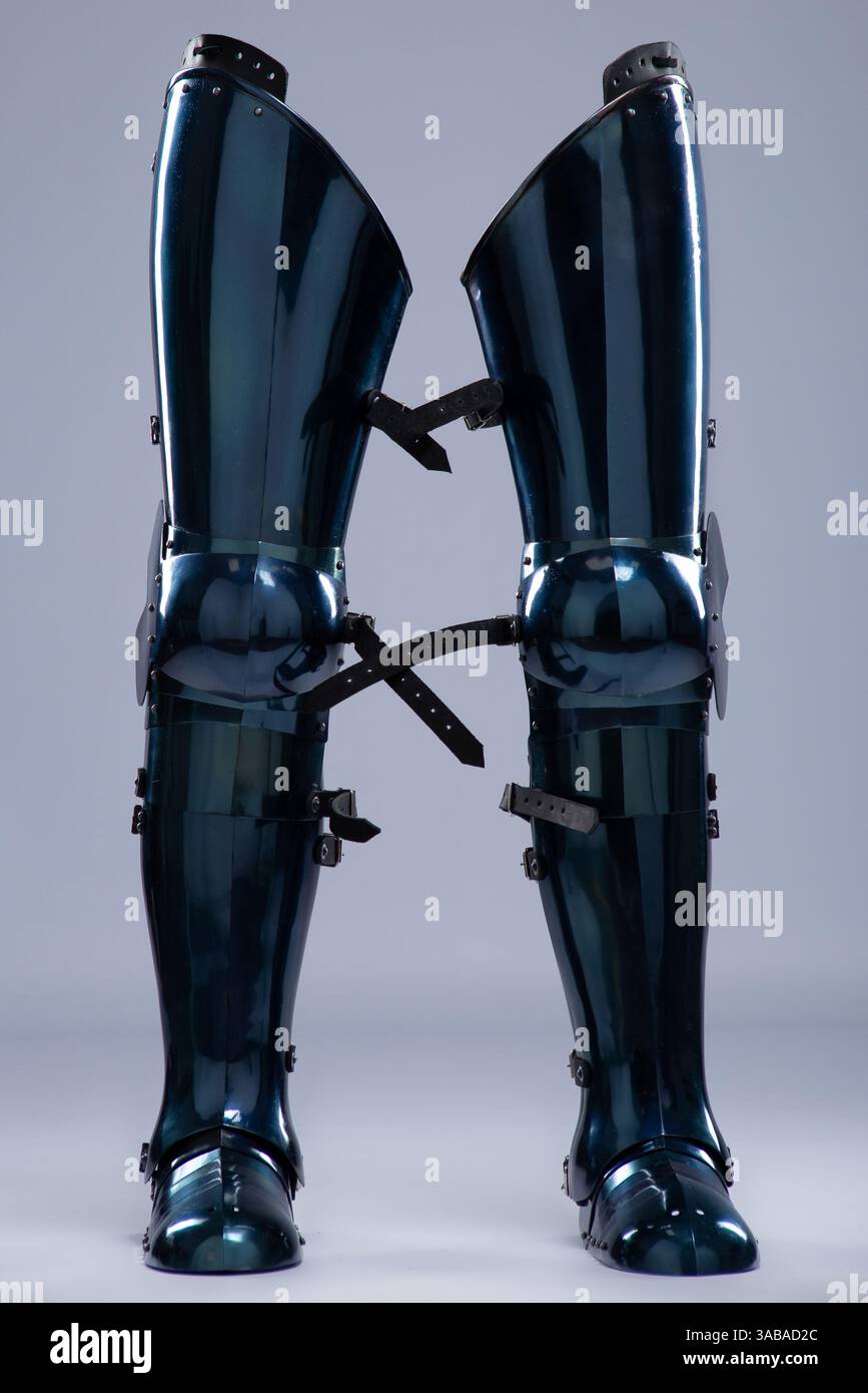 Shiny Steel Medieval Leg Armor. Full leg protection with straps and ...