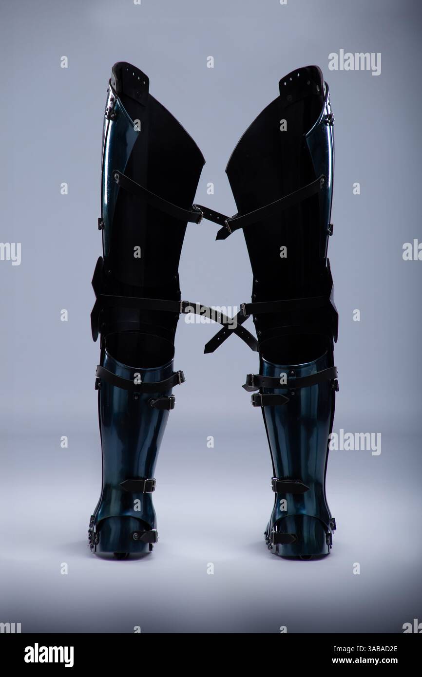 Shiny Steel Medieval Leg Armor. Full leg protection with straps and ...