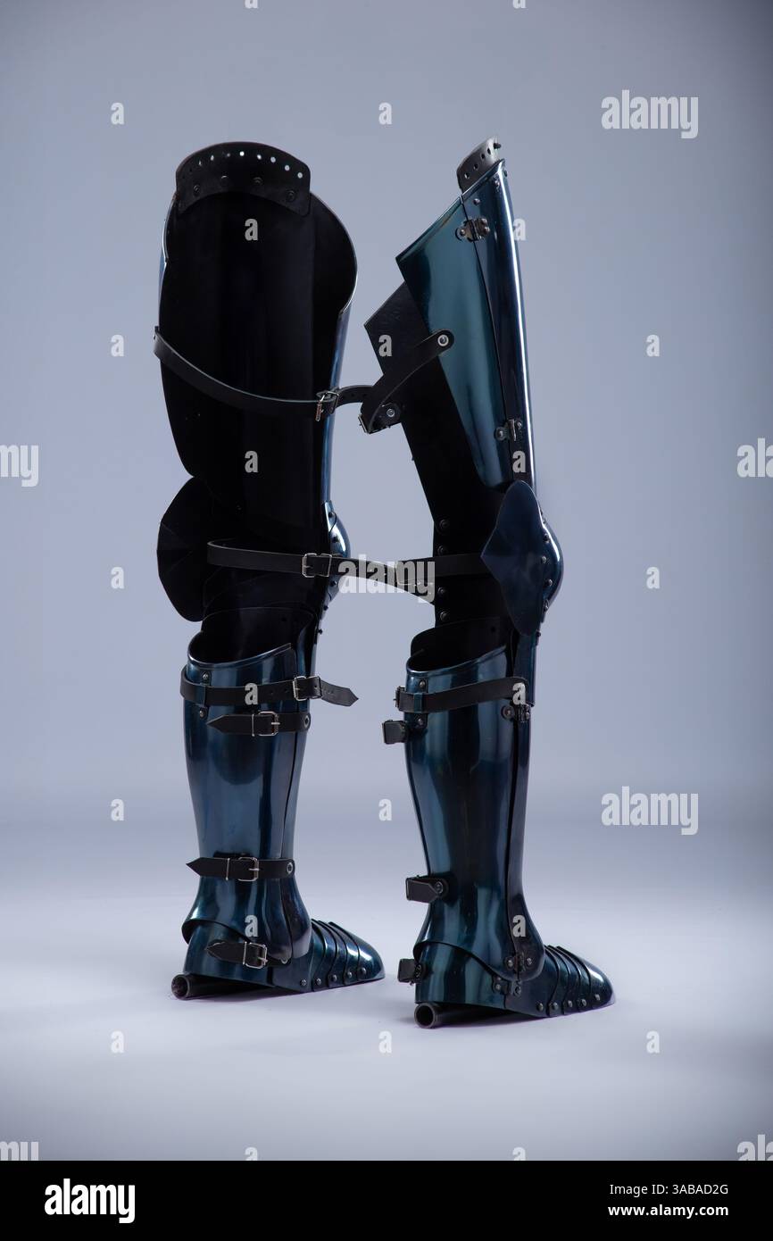 Shiny Steel Medieval Leg Armor. Full leg protection with straps and ...