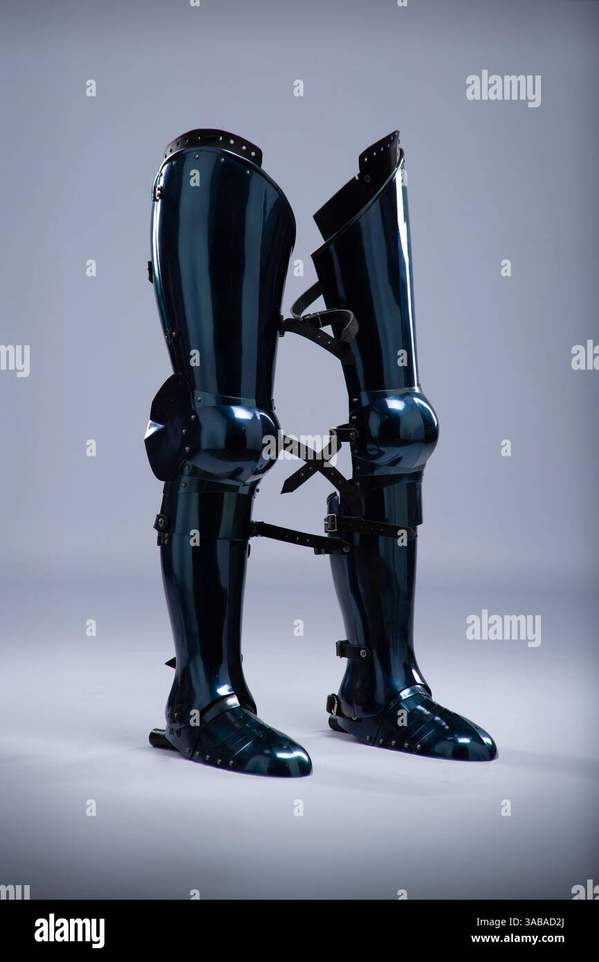 Shiny Steel Medieval Leg Armor. Full leg protection with straps and ...