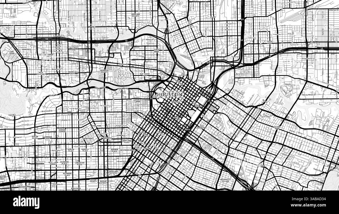 Minimalist Houston Street Map with Labels and Neighborhoods with many ...