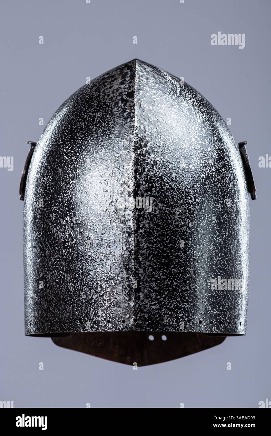 Darkened Steel Medieval Knight Helmet. Battle-worn head protection with ...