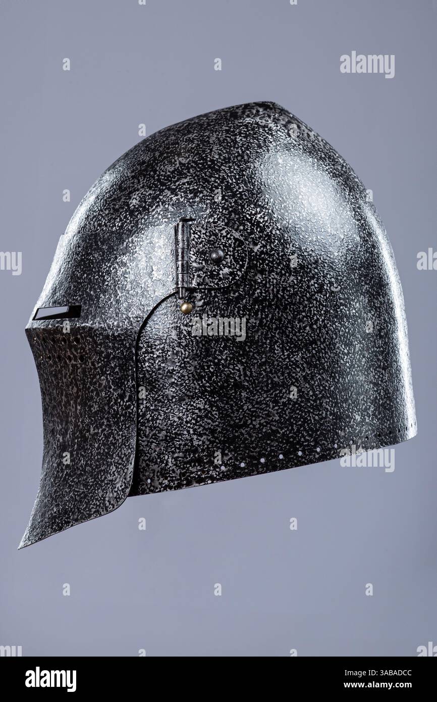 Darkened Steel Medieval Knight Helmet. Battle-worn head protection with ...
