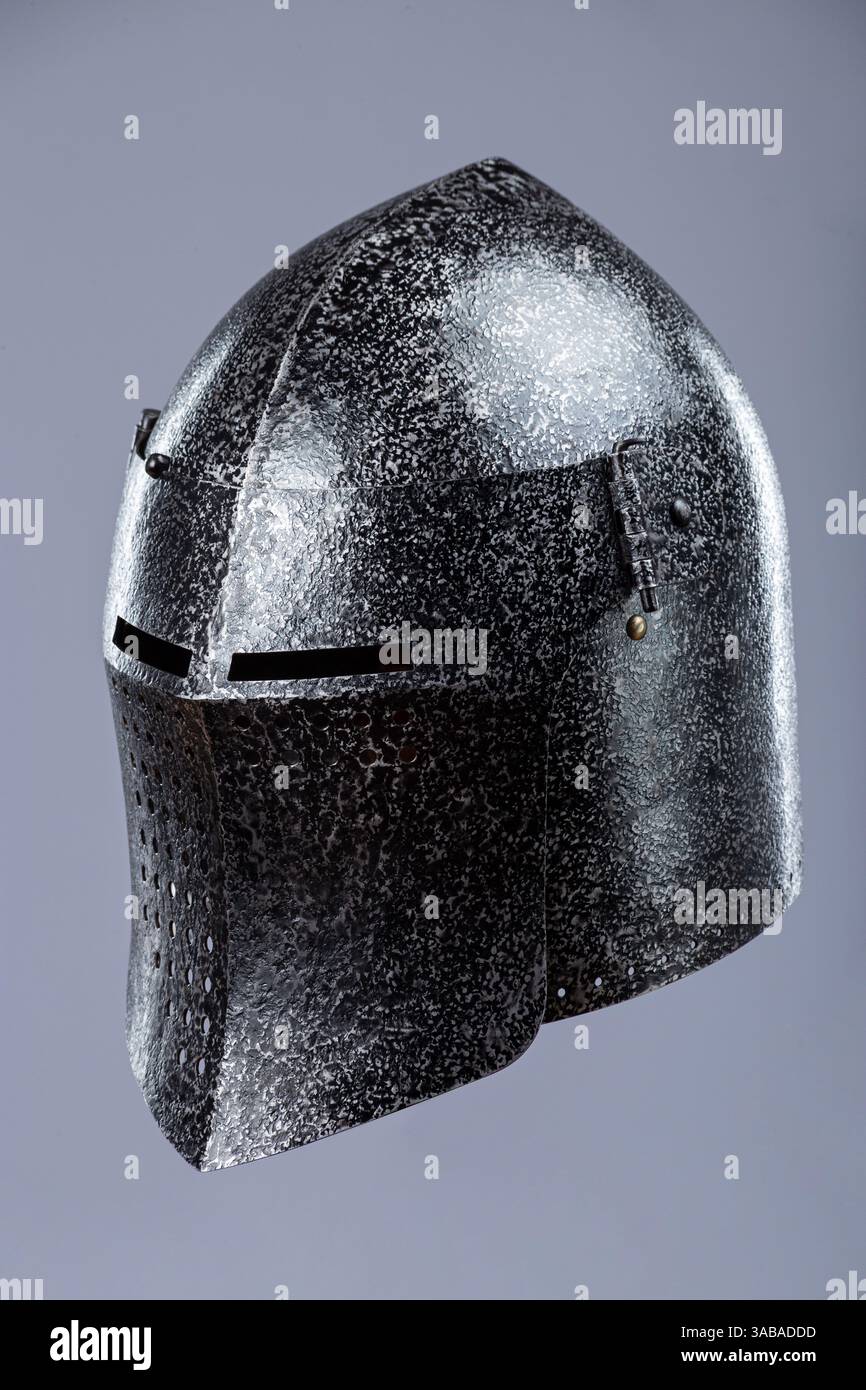 Darkened Steel Medieval Knight Helmet. Battle-worn head protection with ...