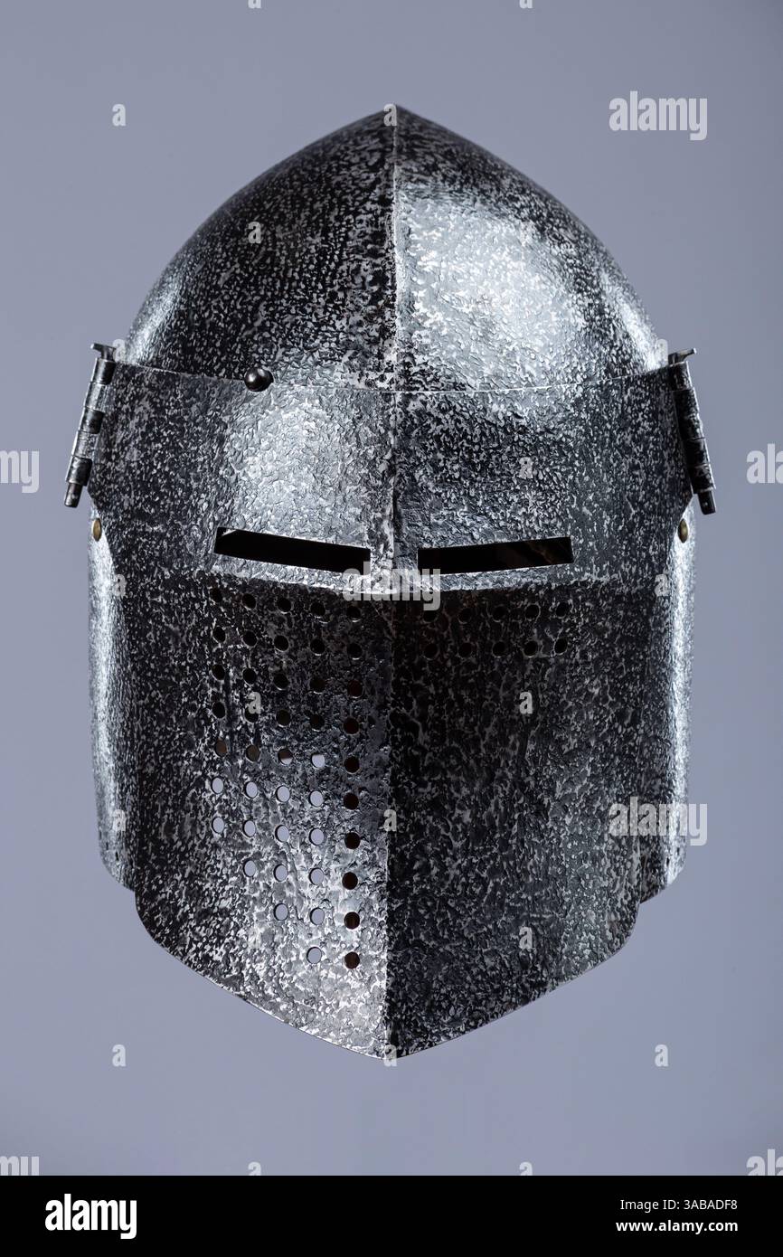 Darkened Steel Medieval Knight Helmet. Battle-worn head protection with ...