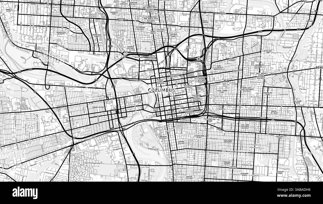 Minimalist Columbus Street Map with Labels and Neighborhoods with many ...