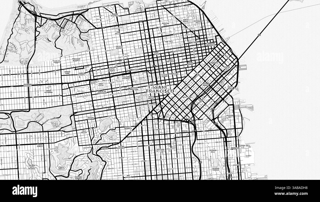 Minimalist San Francisco Street Map with Labels and Neighborhoods with ...
