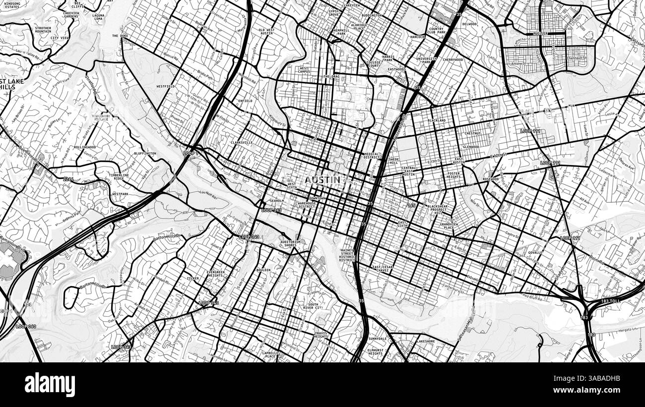 Minimalist Austin Street Map with Labels and Neighborhoods with many ...