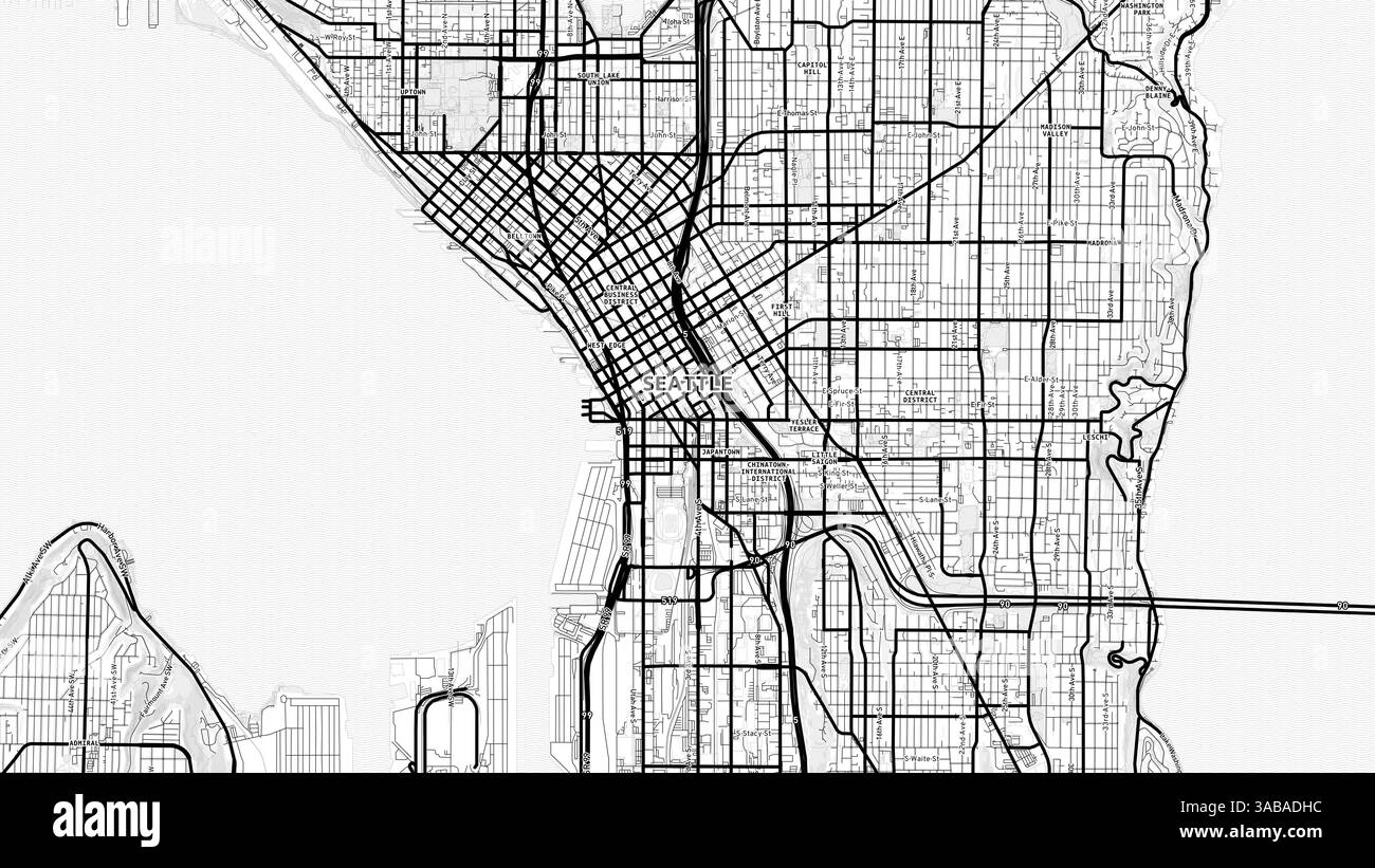 Minimalist Seattle Street Map with Labels and Neighborhoods with many ...