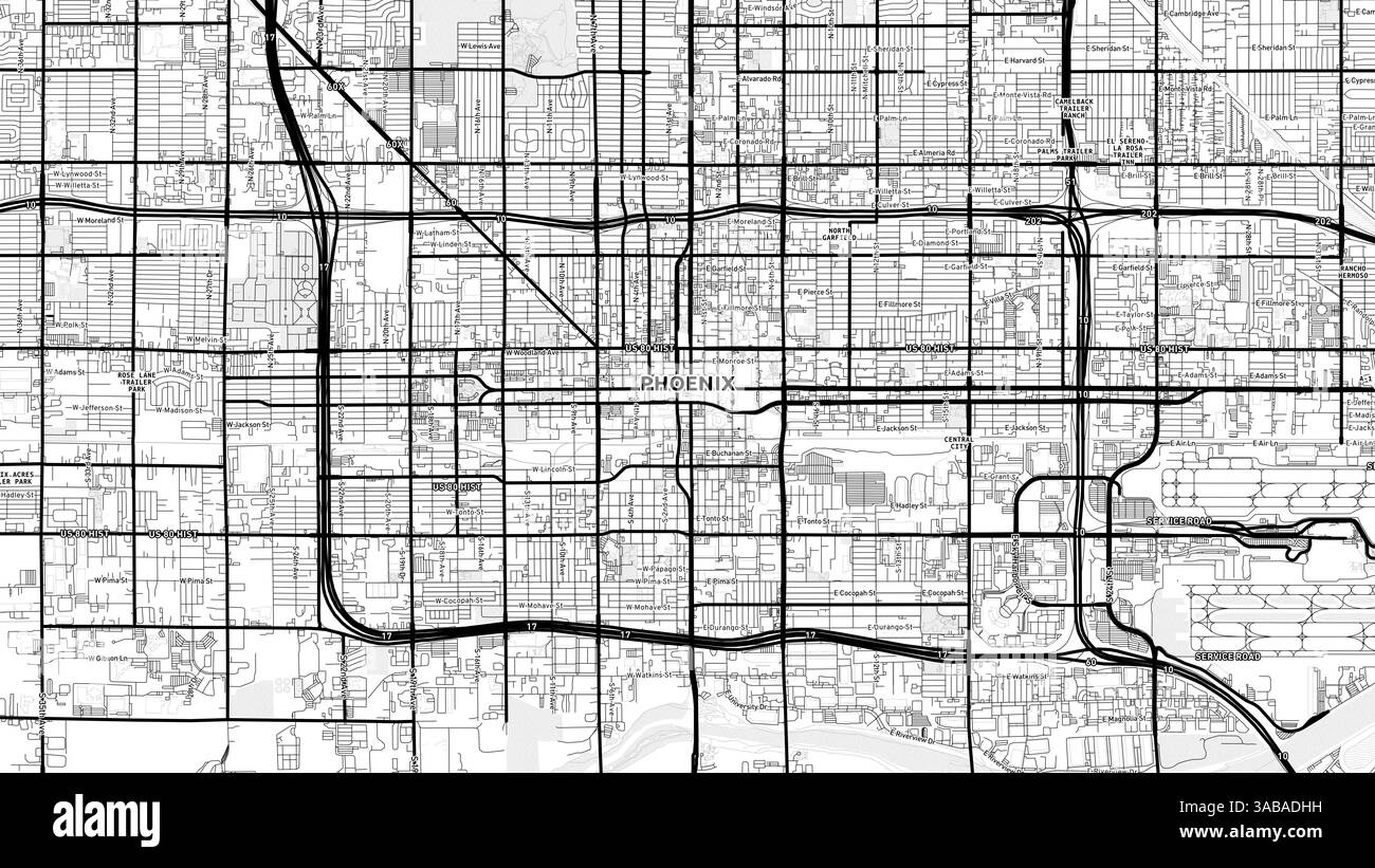 Minimalist Phoenix Street Map with Labels and Neighborhoods with many ...