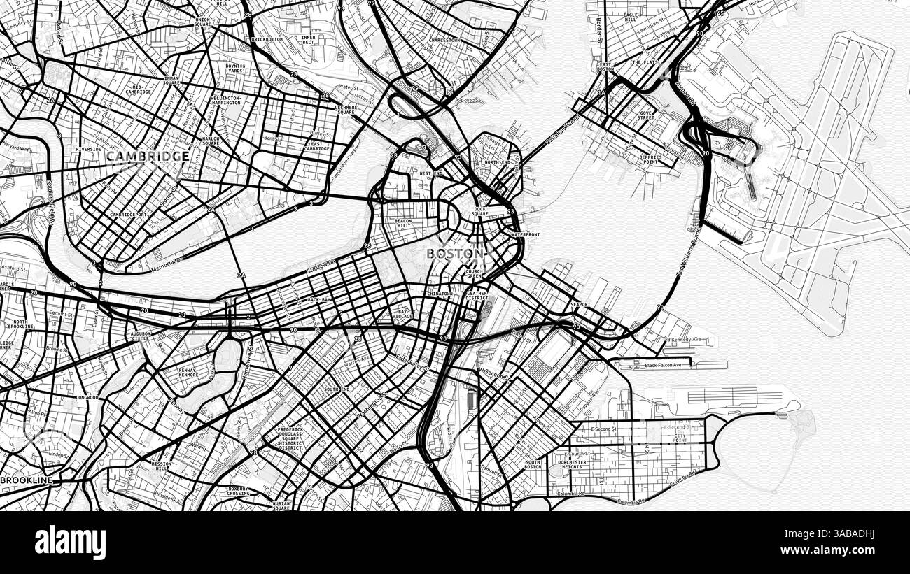 Minimalist Boston Street Map with Labels and Neighborhoods with many ...