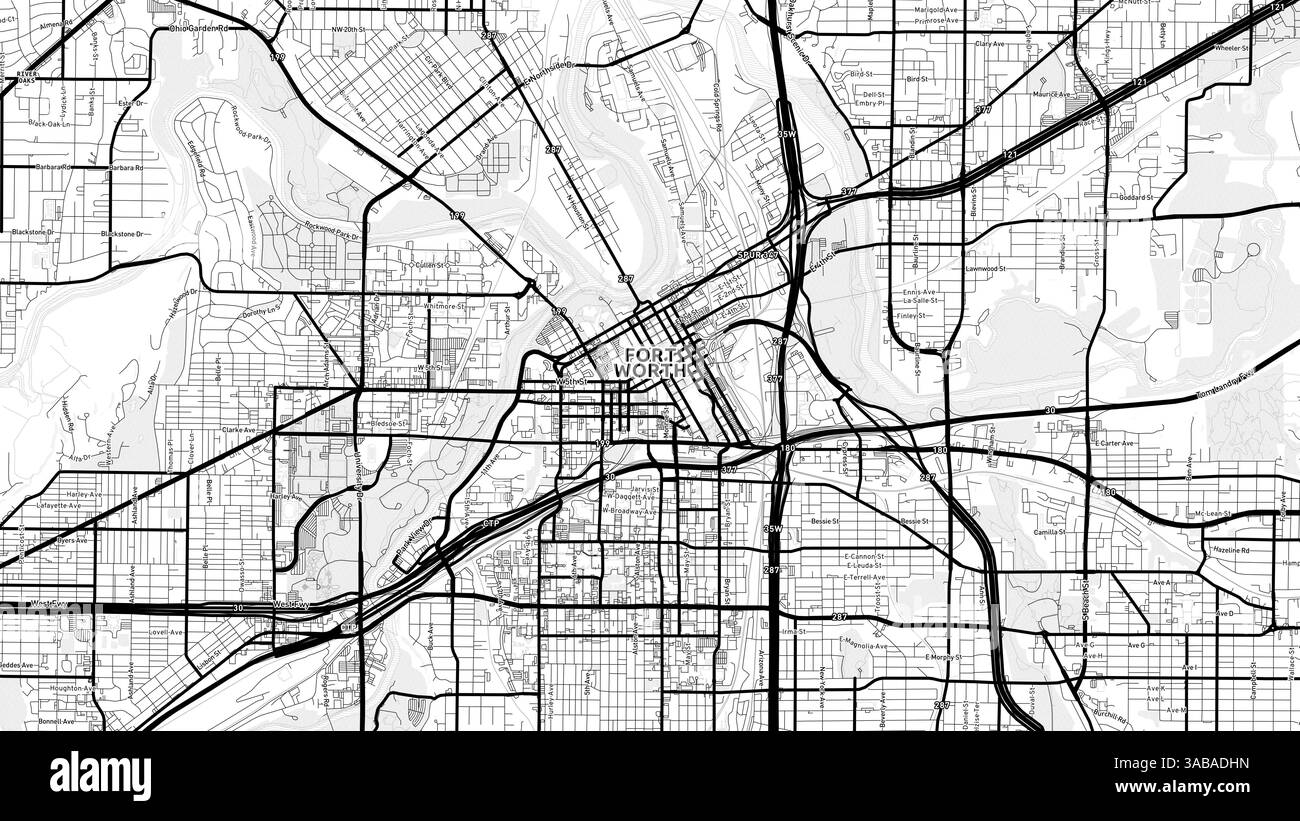 Minimalist Fort Worth Street Map with Labels and Neighborhoods with ...