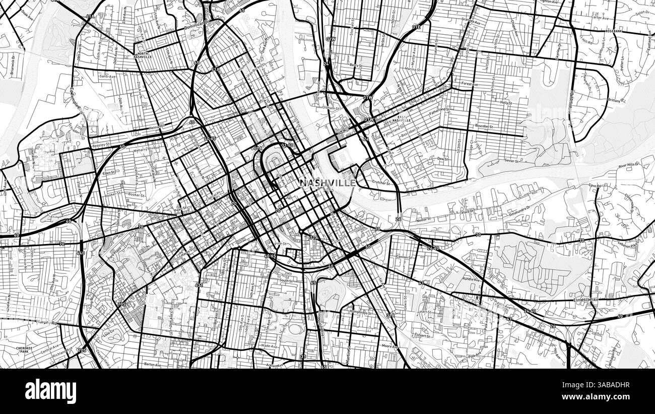 Minimalist Nashville Street Map with Labels and Neighborhoods with many ...