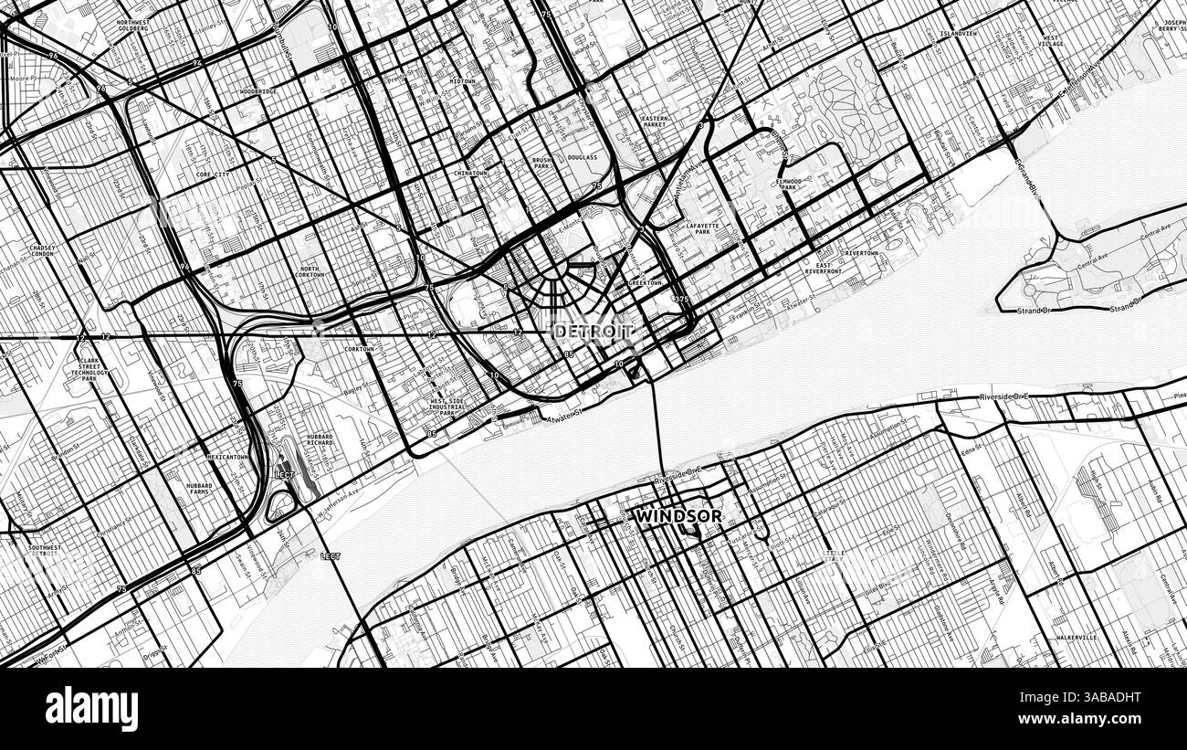 Minimalist Detroit Street Map with Labels and Neighborhoods with many ...