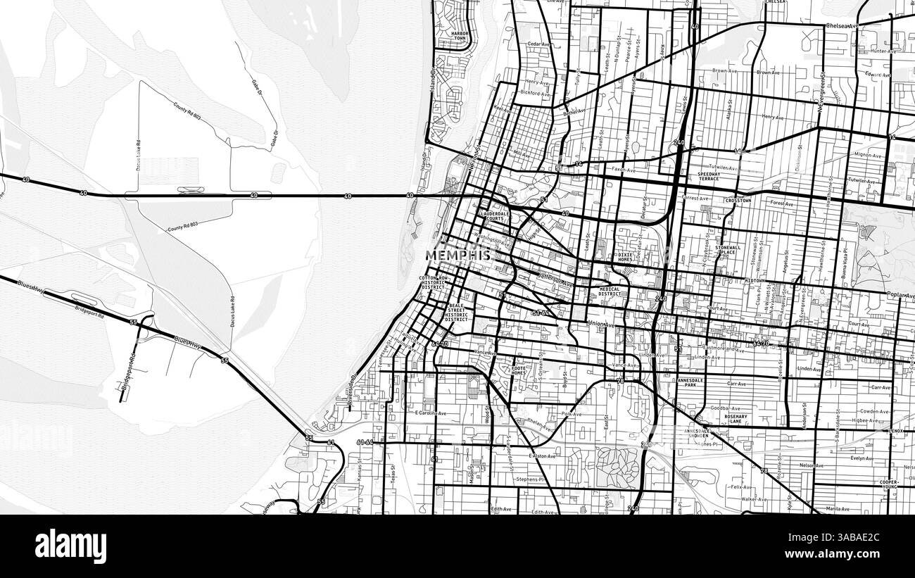 Minimalist Memphis Street Map with Labels and Neighborhoods with many ...