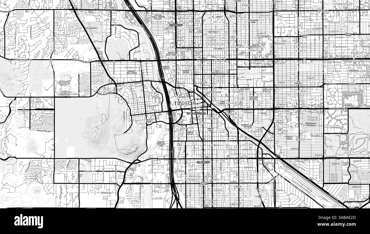 Minimalist Tucson Street Map with Labels and Neighborhoods with many ...