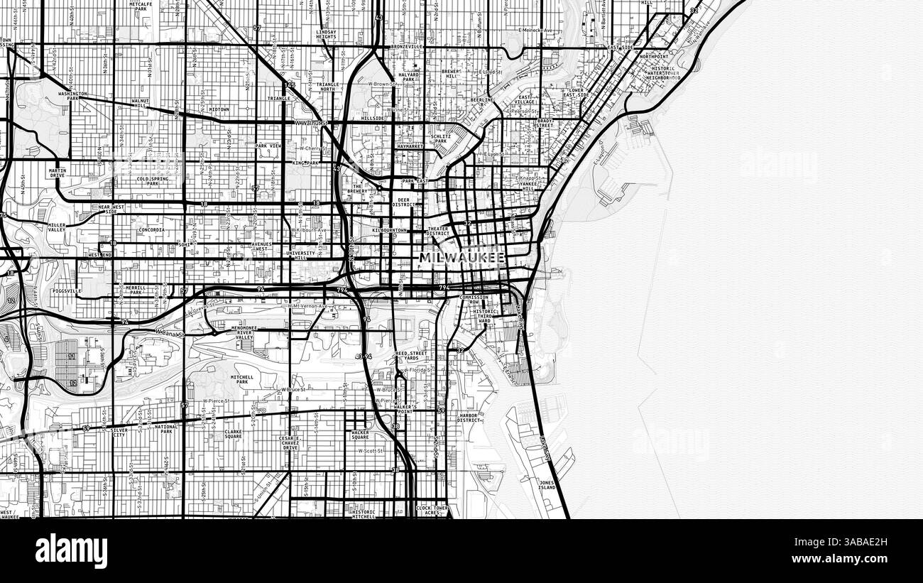 Minimalist Milwaukee Street Map with Labels and Neighborhoods with many ...