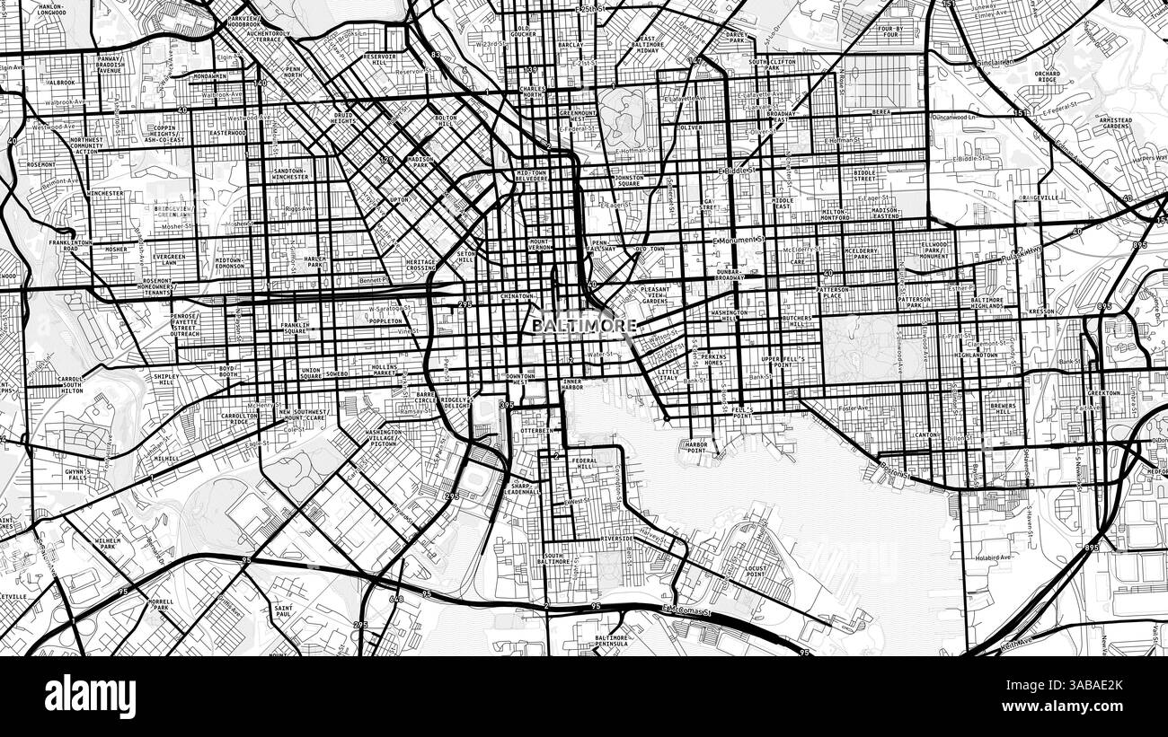 Minimalist Baltimore Street Map with Labels and Neighborhoods with many ...