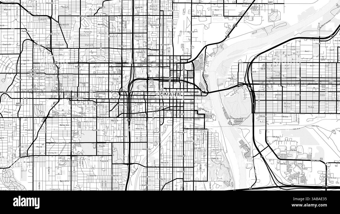 Minimalist Omaha Street Map with Labels and Neighborhoods with many ...