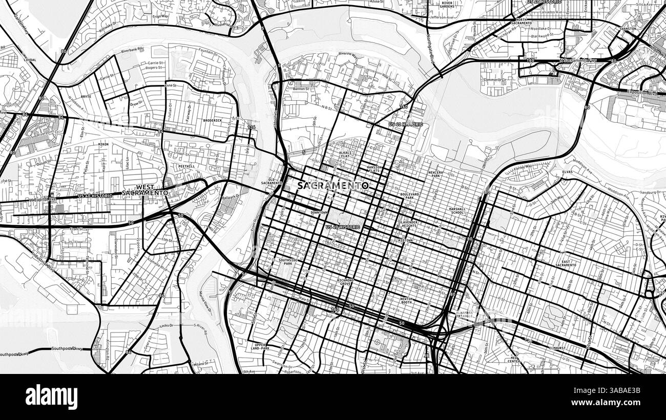 Minimalist Sacramento Street Map with Labels and Neighborhoods with ...