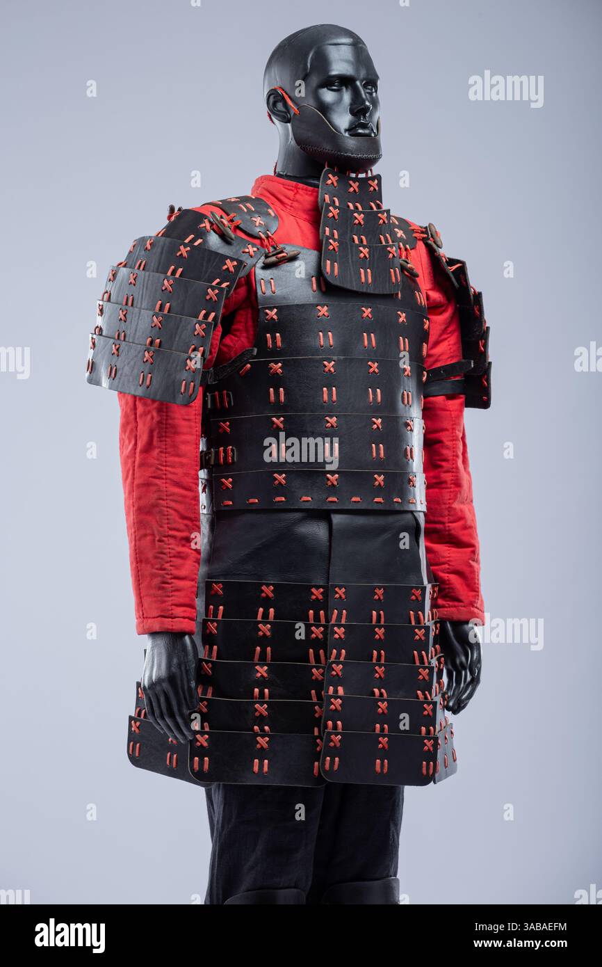 Black and Red Leather Armor Set on Mannequin. Full medieval warrior ...